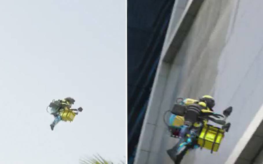 Food Delivery Man Flies Up High-rise Building